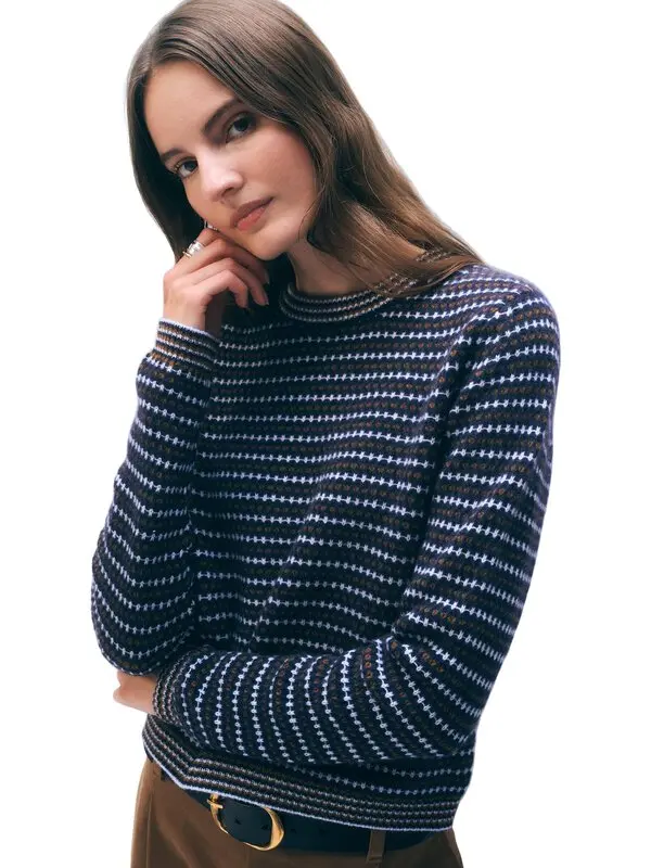WHITE & WARREN Cashmere Textured Stripe Crewneck Top - Blue Combo