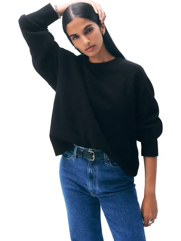 WHITE & WARREN Cashmere Saddle Sleeve Crewneck - Black