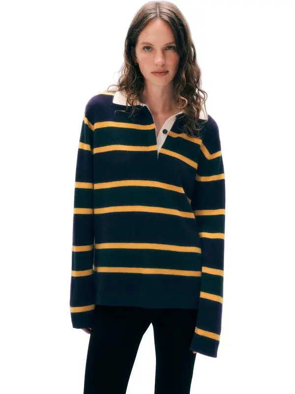 WHITE & WARREN Cashmere Rugby Polo Sweater - Navy