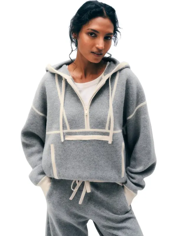WHITE & WARREN Cashmere Blend Half Zip Hoodie - Grey/ivory