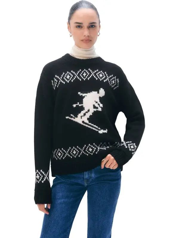 WHITE & WARREN Cashmere Blend Ski Crewneck Top - Black/ivory