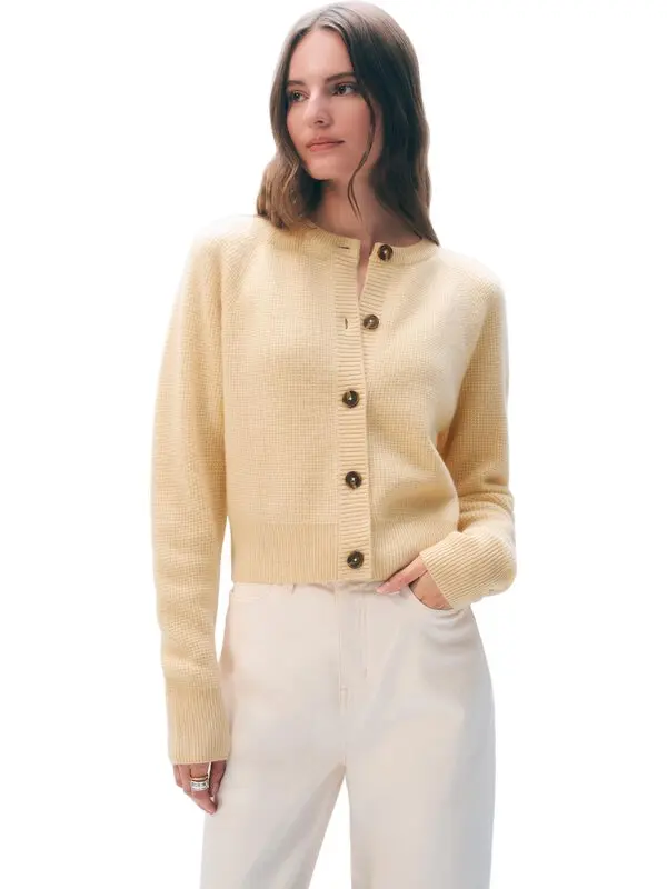 WHITE & WARREN Cashmere Waffle Cardigan Sweater - Cornsilk