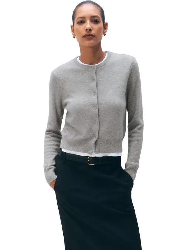 WHITE & WARREN Cashmere Crewneck Cardigan - Grey