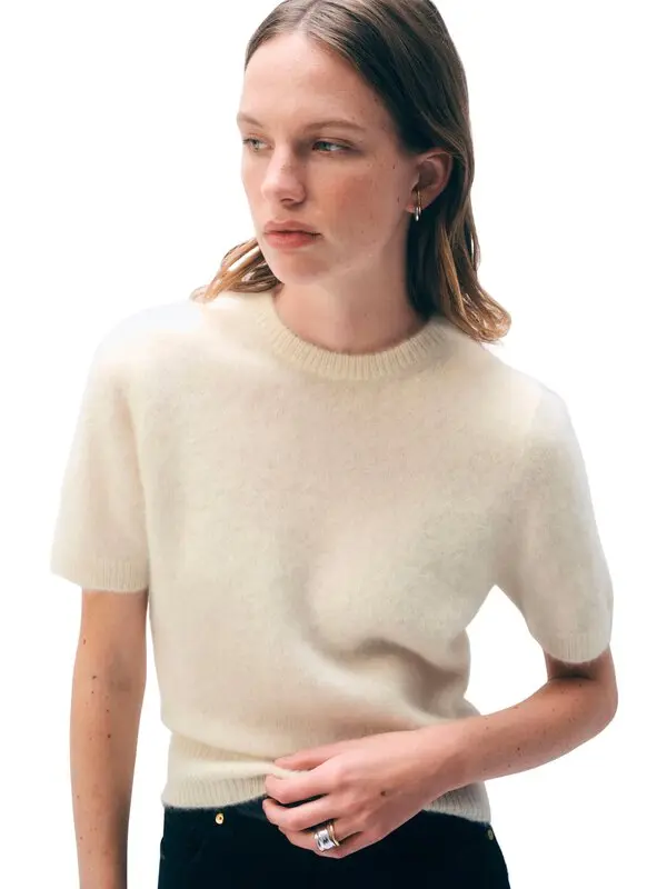 WHITE & WARREN Brushed Cashmere Short Sleeve Top - Ivory