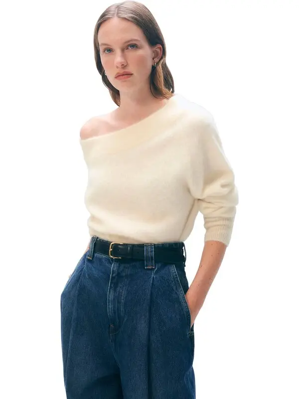 WHITE & WARREN Brushed Cashmere Off Shoulder Crewneck Top - Ivory