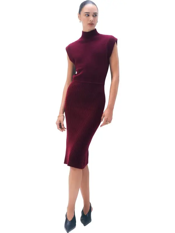 WHITE & WARREN Cashmere Sleeveless High Neck Midi Dress - Sangria