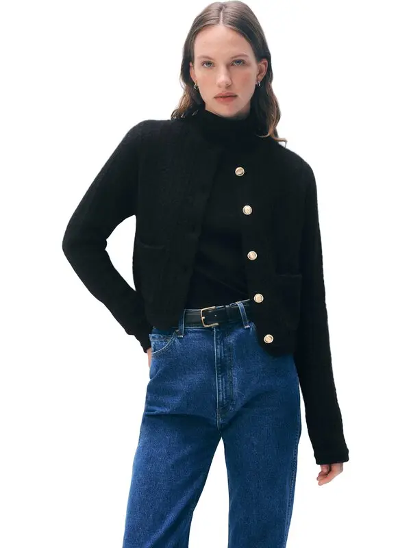 WHITE & WARREN Cashmere Luxe Cable Cardigan Sweater - Black