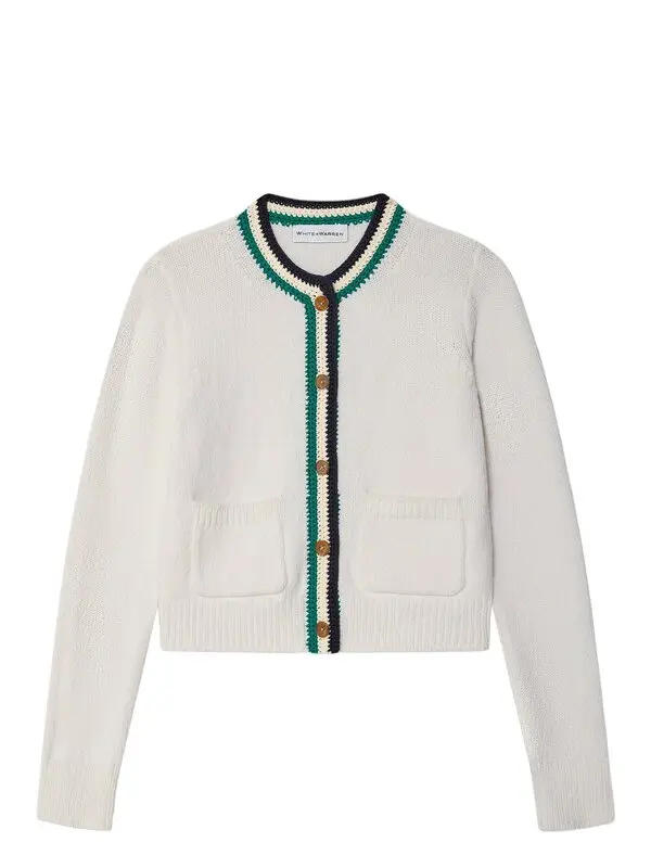 WHITE & WARREN Lofty Cotton Crochet Trim Cardigan Sweater - Ivory/teal