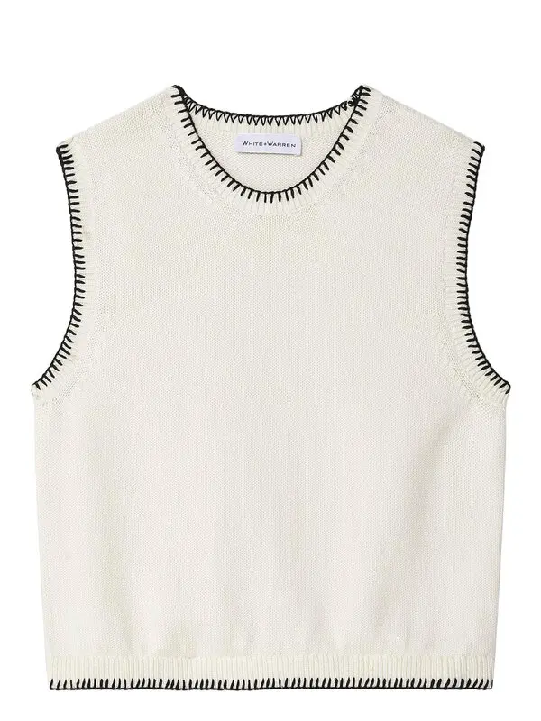 WHITE & WARREN Cotton Blanket Trim Tank Top - Ivory/black