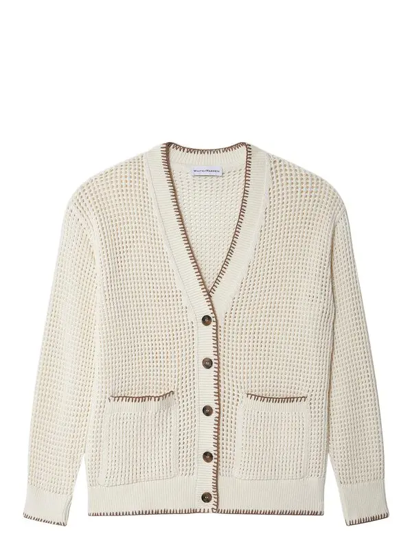 WHITE & WARREN Cotton Blanket Trim Cardigan Sweater - Ivory/suede