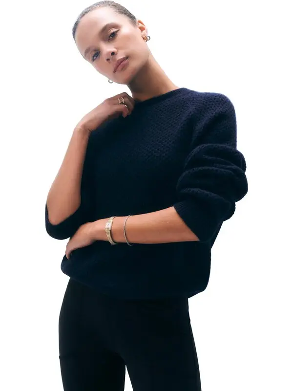 WHITE & WARREN Cashmere Mesh Crewneck Sweater - Deep Navy Blue