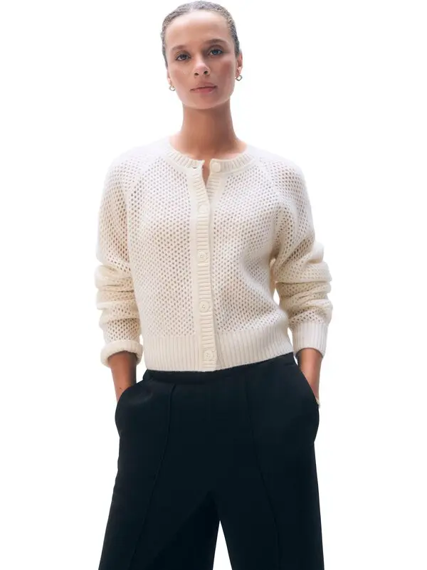 WHITE & WARREN Cashmere Mesh Cardigan Sweater - Soft White