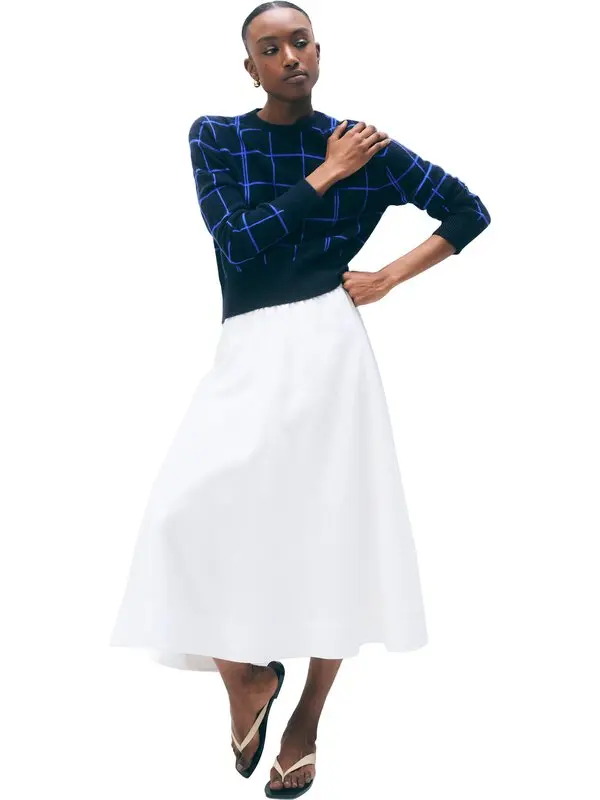 WHITE & WARREN Cashmere Windowpane Crewneck Top - Blue