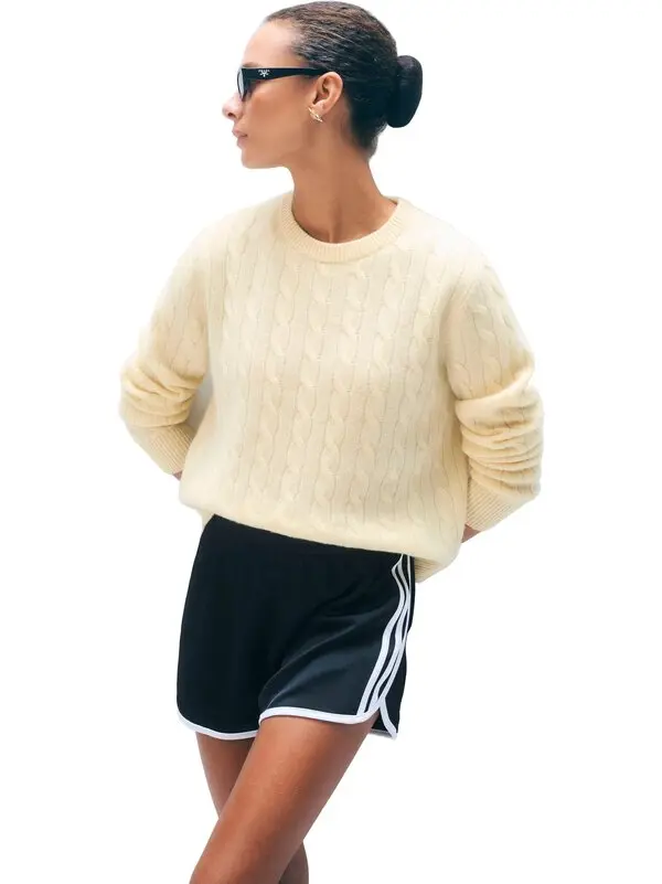 WHITE & WARREN Cashmere Varsity Cable Crewneck Top - Lemonade