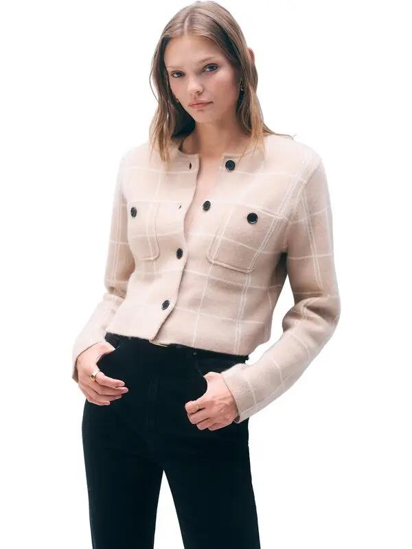 WHITE & WARREN Cashmere Windowpane Jacket Sweater - Muted Camel