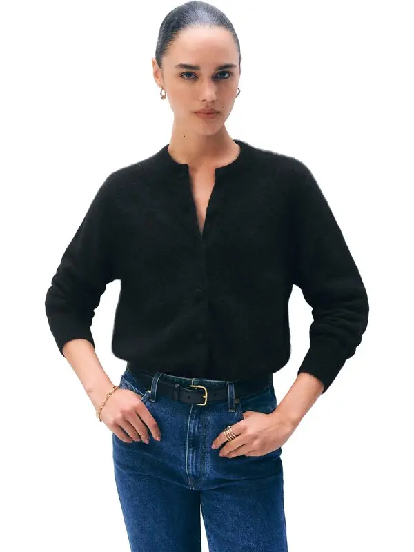 WHITE & WARREN Brushed Cashmere Crewneck Cardigan - Black