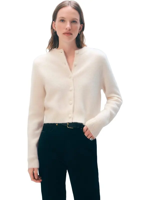 WHITE & WARREN Brushed Cashmere Crewneck Cardigan - Ivory