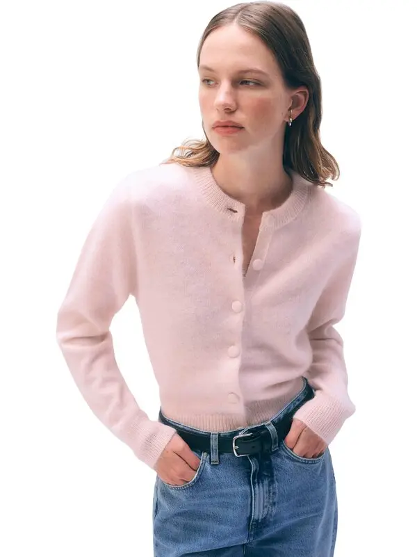 WHITE & WARREN Brushed Cashmere Crewneck Cardigan - Powdered Rose