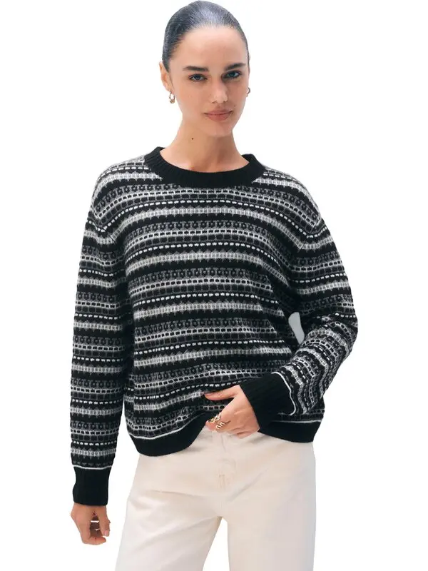 WHITE & WARREN Cashmere Fair Isle Crewneck Top - Black Combo