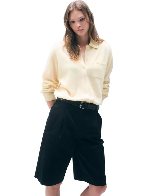 WHITE & WARREN Pure Cashmere Button Down Shirt Sweater - Lemonade
