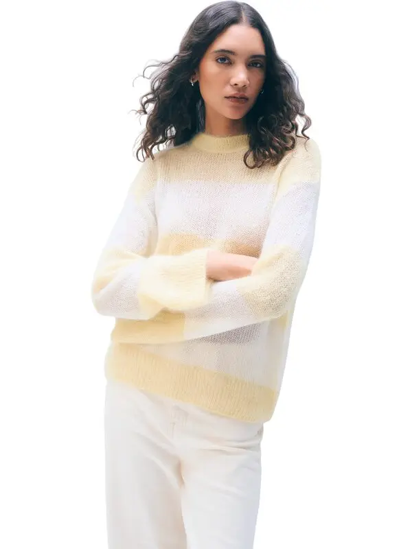 WHITE & WARREN Mohair Luxe Oversized Crewneck Top - Lemonade/ivory Stripe