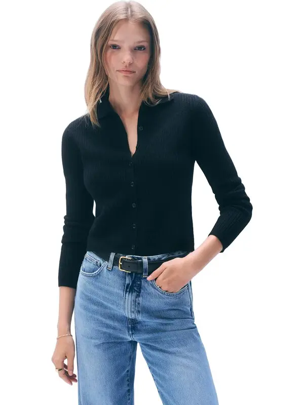 WHITE & WARREN Cashmere Pointelle Shirt Sweater - Black