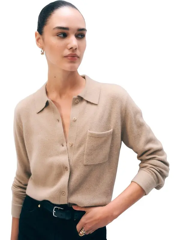 WHITE & WARREN Cashmere Button-down Sweater With Pocket - Khaki