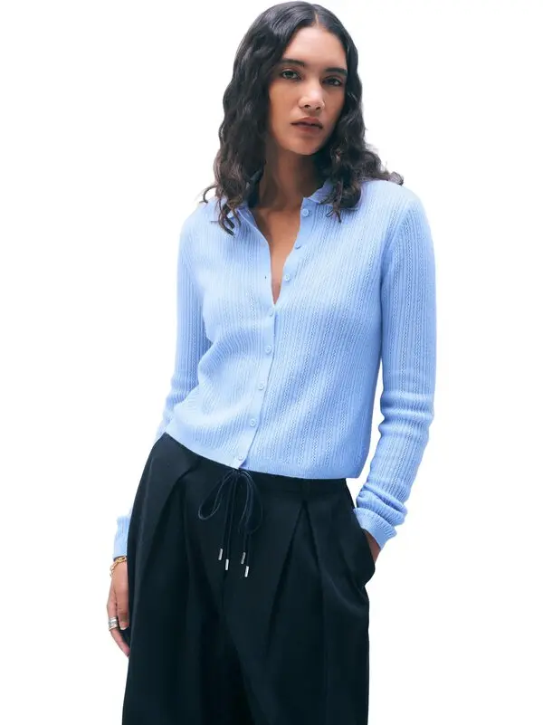 WHITE & WARREN Cashmere Pointelle Shirt Sweater - Blue