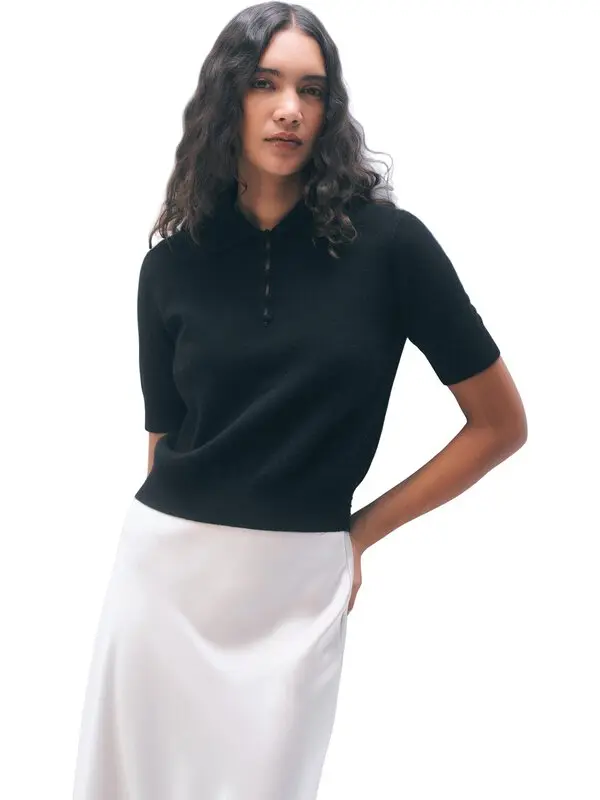 WHITE & WARREN Cashmere Button Polo Sweater - Black