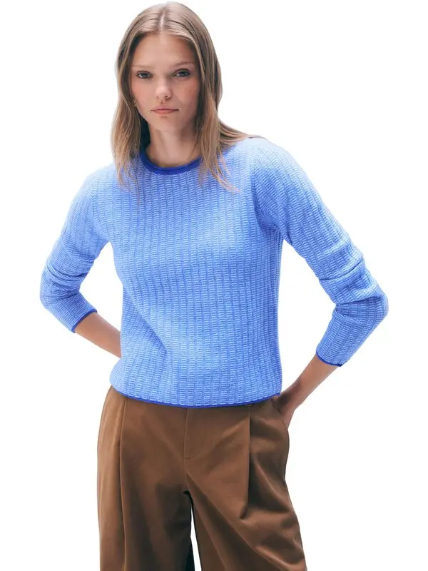 WHITE & WARREN Cashmere Textured Crewneck Top - Blue Combo