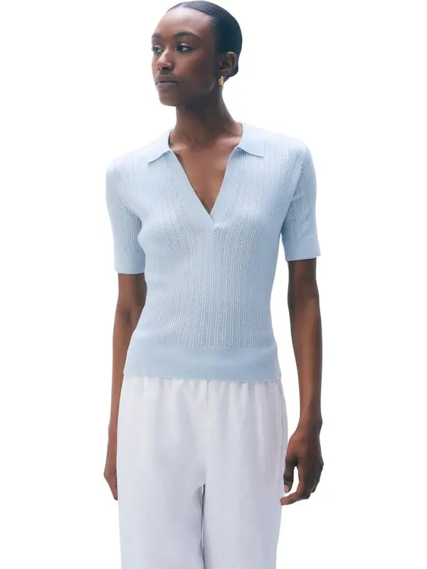 WHITE & WARREN Cashmere Linen Blend Polo Sweater - Blue