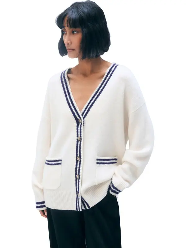 WHITE & WARREN Cashmere Varsity Cardigan Sweater - Soft White/navy