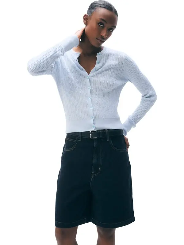 WHITE & WARREN Cashmere Linen Blend Cable Button Cardigan Sweater - Blue