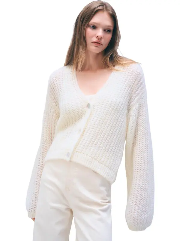 WHITE & WARREN Mohair Luxe Open Cardigan Sweater - Ivory