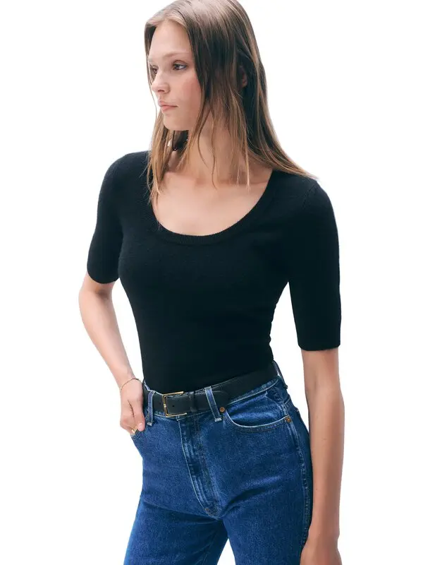 WHITE & WARREN Cashmere Blend Scoop Neck Top - Black