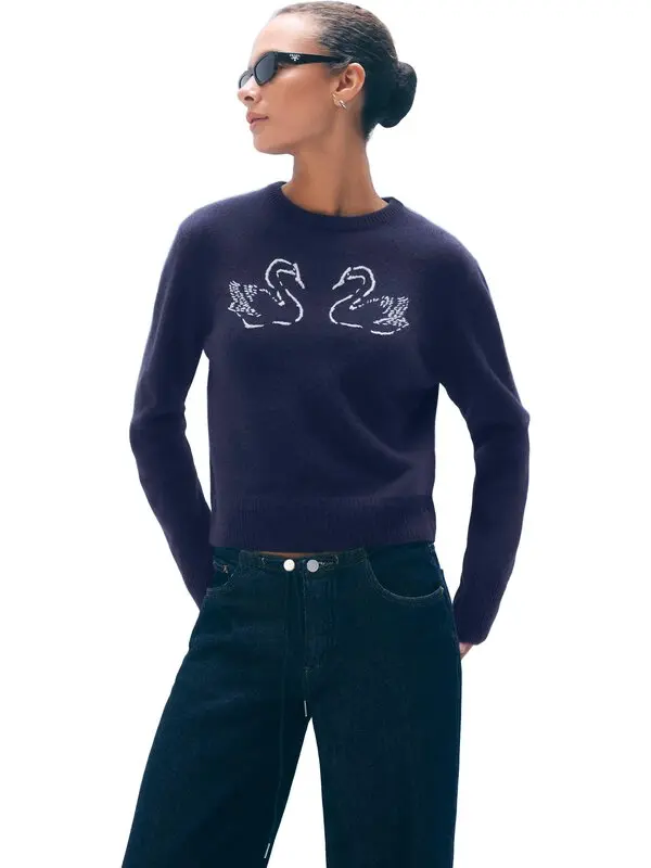 WHITE & WARREN Cashmere Blend Embroidered Swan Sweater - Navy
