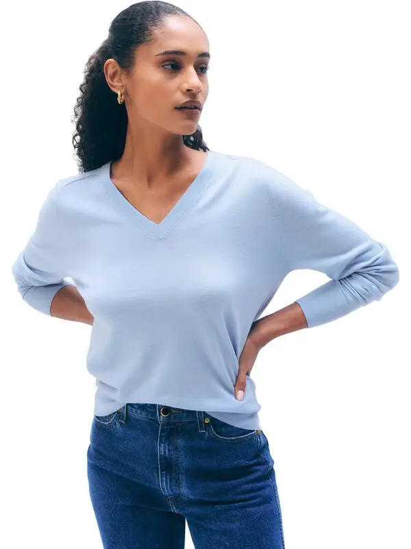 WHITE & WARREN Cashmere Linen Blend V-neck Sweater - Blue