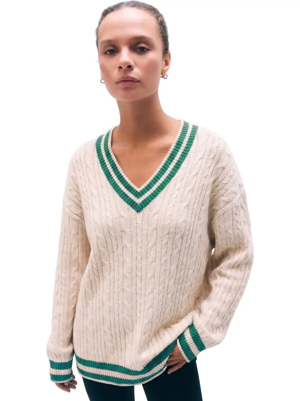 WHITE & WARREN Cotton V-neck Sweater - Green