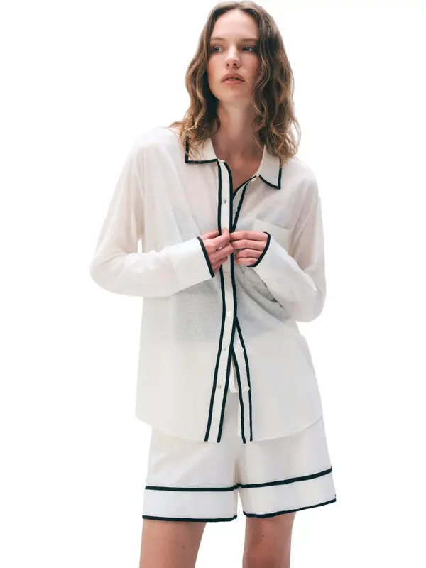 WHITE & WARREN Linen Blend Shirt Sweater - White/black