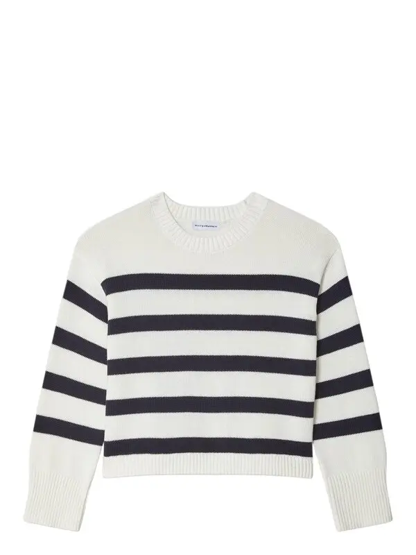 WHITE & WARREN Striped Crewneck Cotton Top - Ivory/navy Blue