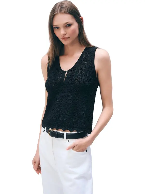 WHITE & WARREN Pointelle Knit Tank Top - Black