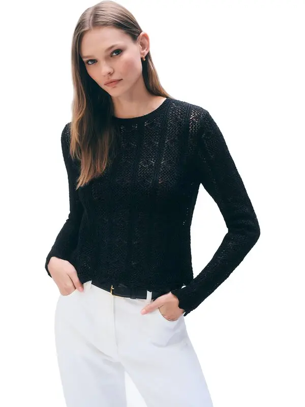 WHITE & WARREN Cotton Pointelle Crewneck Top - Black
