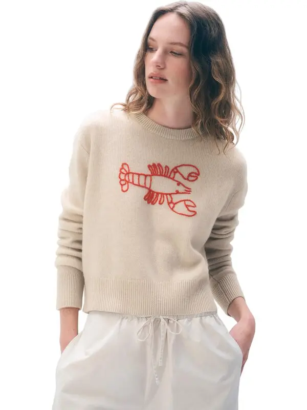 WHITE & WARREN Cashmere Embroidered Lobster Crewneck Top - Red