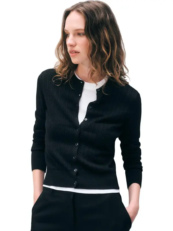 WHITE & WARREN Cashmere Linen Fine Cable Cardigan - Black