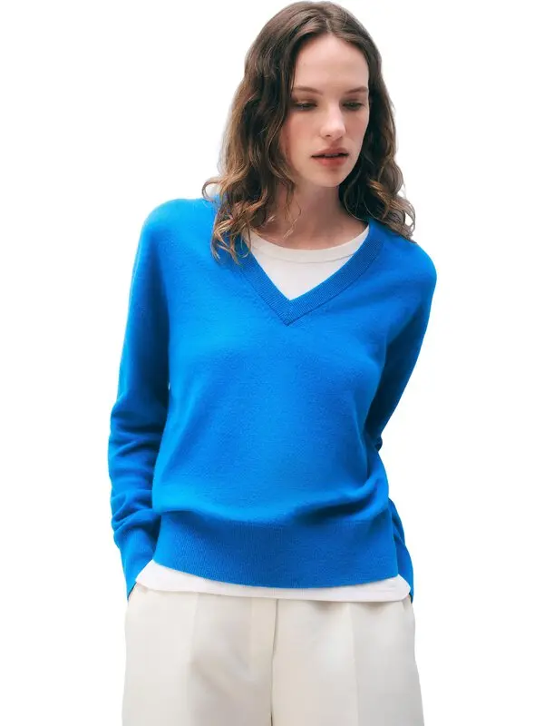 WHITE & WARREN 100% Cashmere V-neck Sweater - Azure