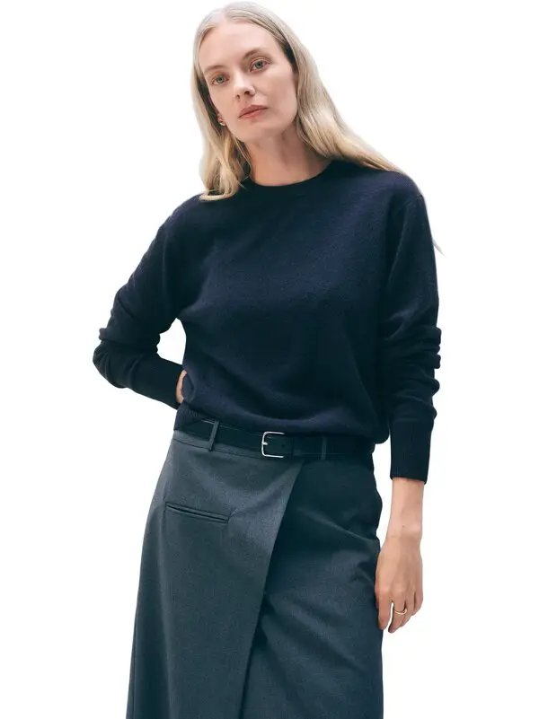 WHITE & WARREN Cashmere Crewneck Long Sleeve Top - Navy