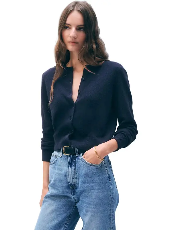 WHITE & WARREN Cashmere Crewneck Cardigan Sweater - Navy