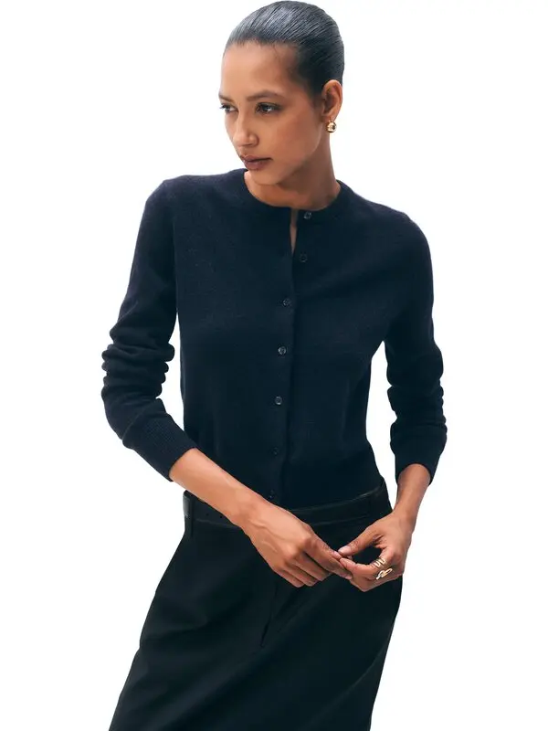WHITE & WARREN Cashmere Crewneck Cardigan Sweater - Navy