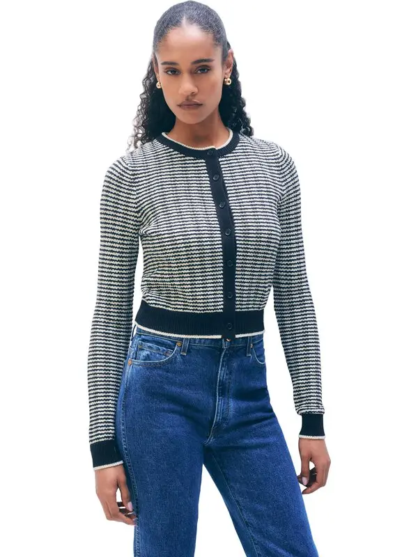 WHITE & WARREN Striped Bouclé Cardigan - Midnight