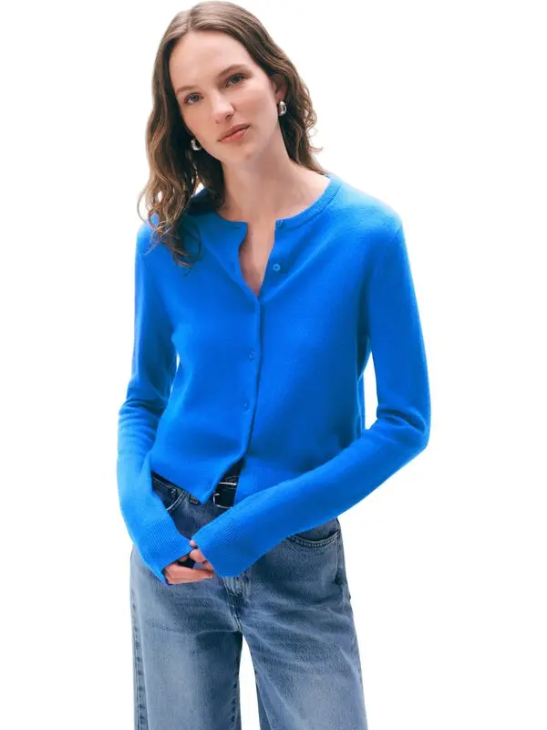 WHITE & WARREN Cashmere Crewneck Cardigan Sweater - Azure